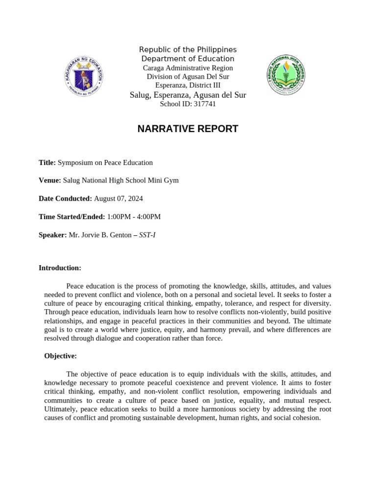 Narrative On Peace Educ | PDF | Peace | Community