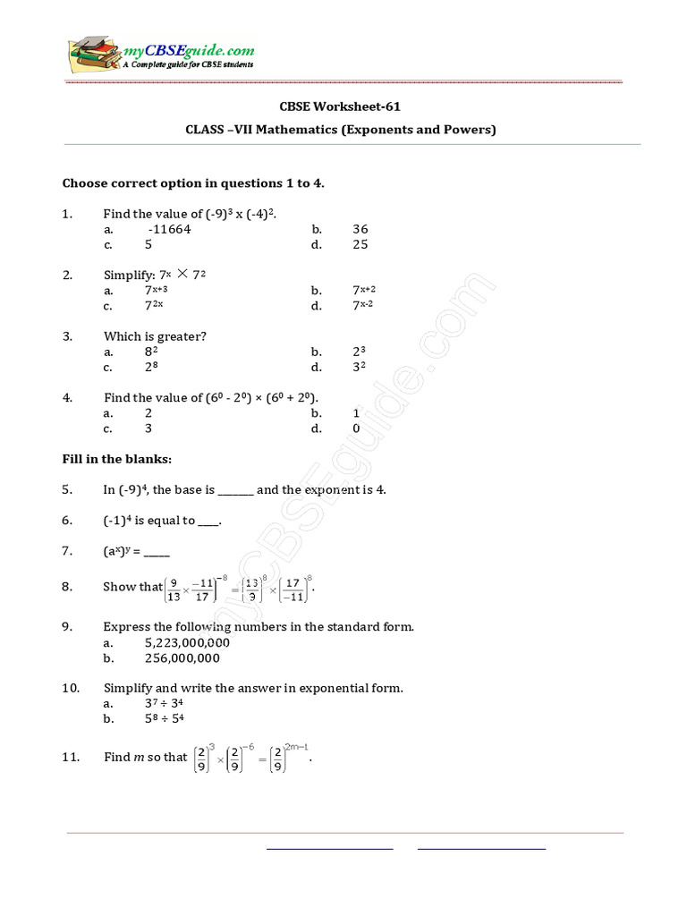 07 Maths Ws 13 Exponents and Powers 01 | PDF