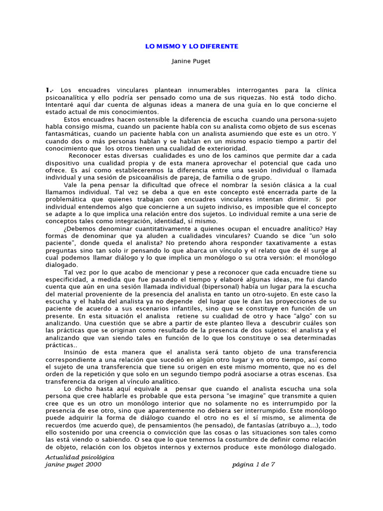 PUGET - Lo Mismo y Lo Diferente - Doc-1 | PDF | Psicoanálisis | Monólogo