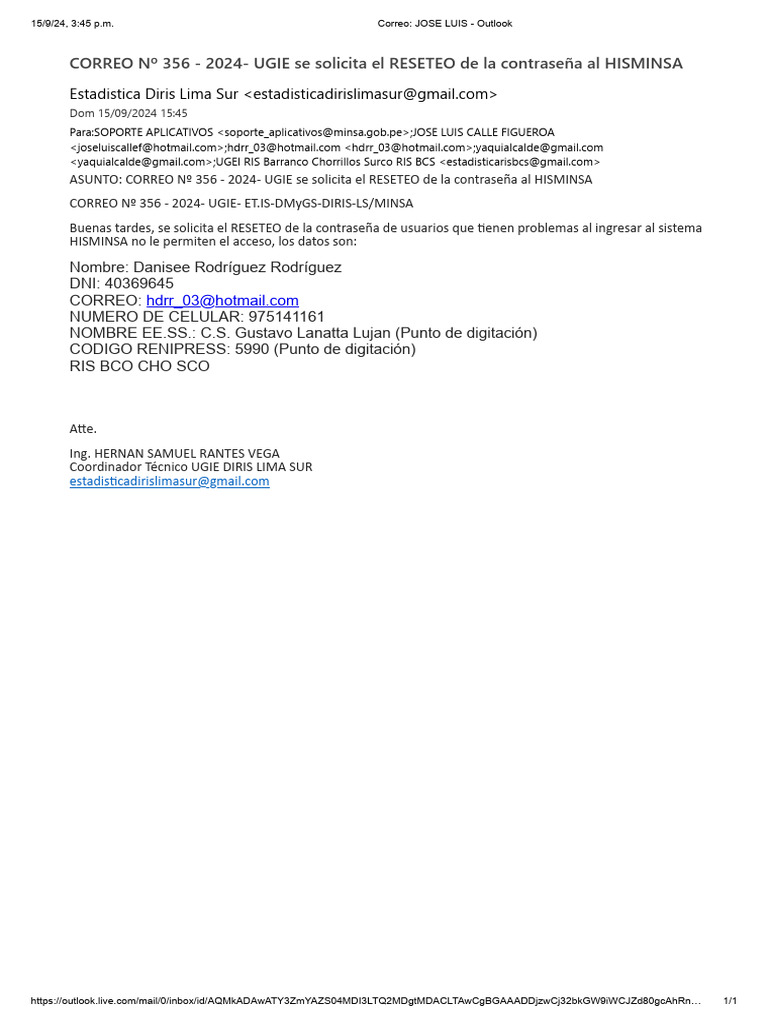 Correo 356 Reseteo Contraseña Hisminsa Cs Lanatta Ris Bco Cho Sco | PDF