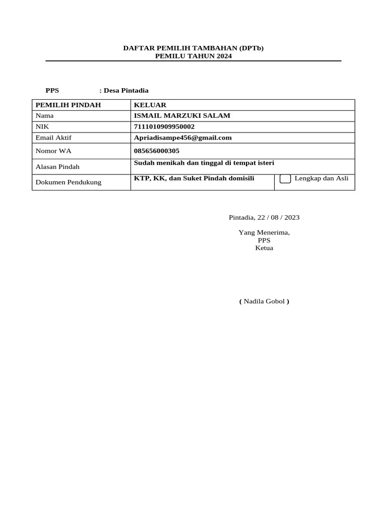 Form Penerimaan DPTB | PDF