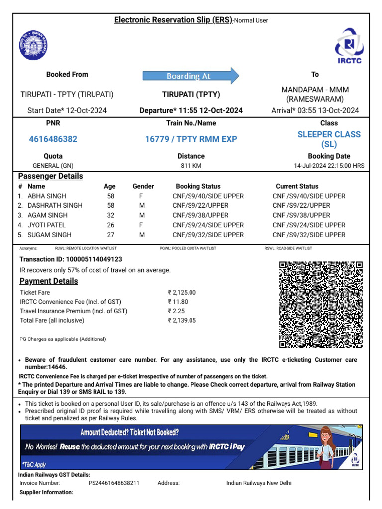 Tpty RMM Exp Sleeper Class (SL) : Electronic Reservation Slip (ERS) | PDF