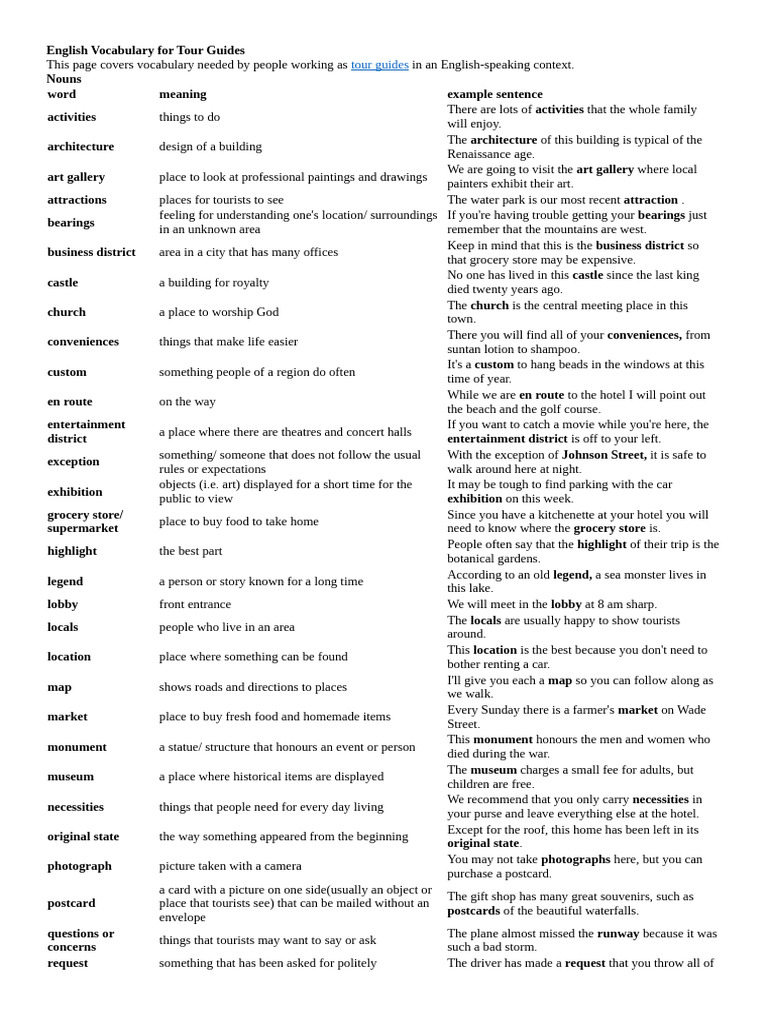 English Tour Vocabulary | PDF