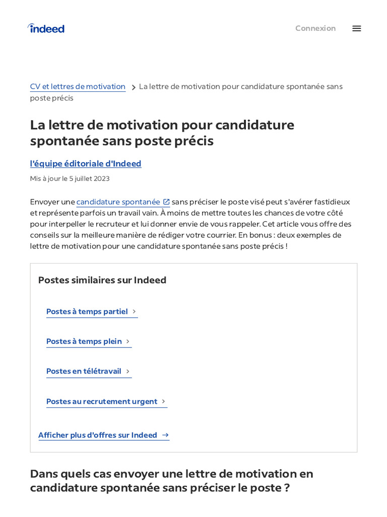 Lettre de Motivation Candidature Spontanée Sans Poste Précis _ Indeed ...