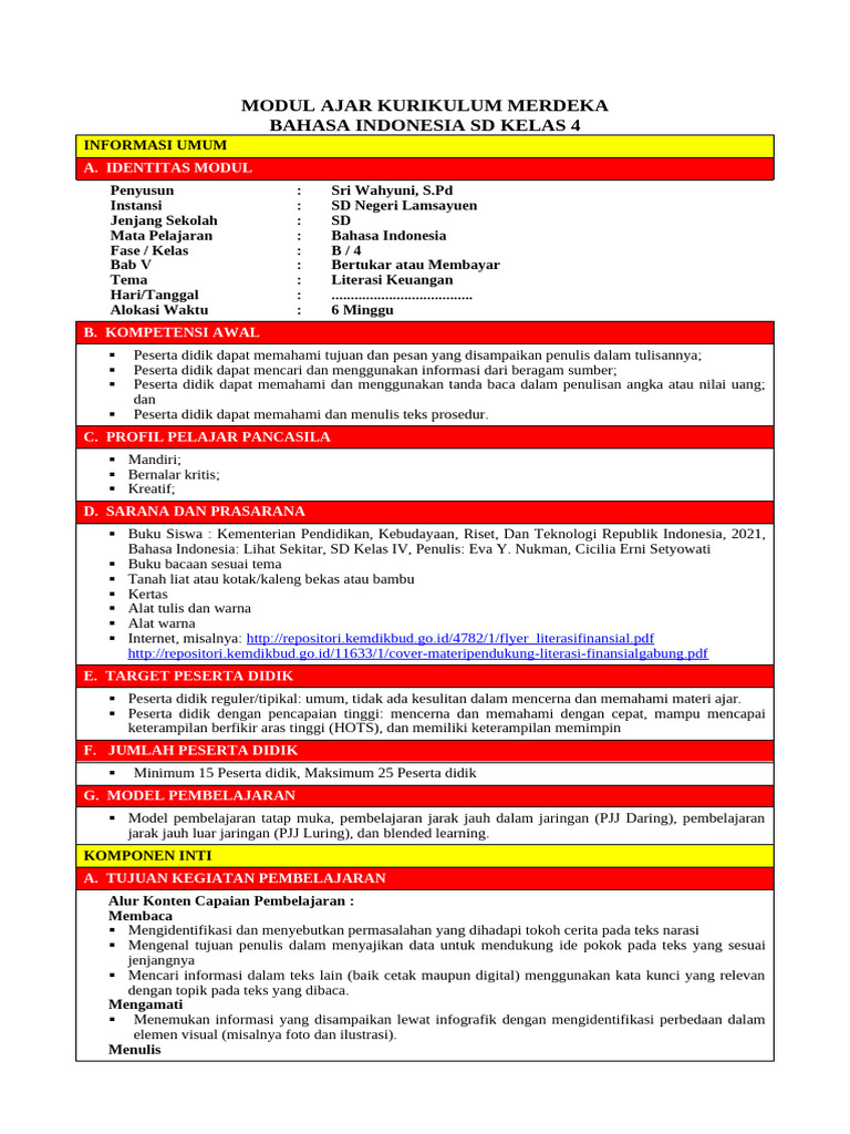 Modul Ajar B.Indo BAB 5 KELAS 4 V OK | PDF