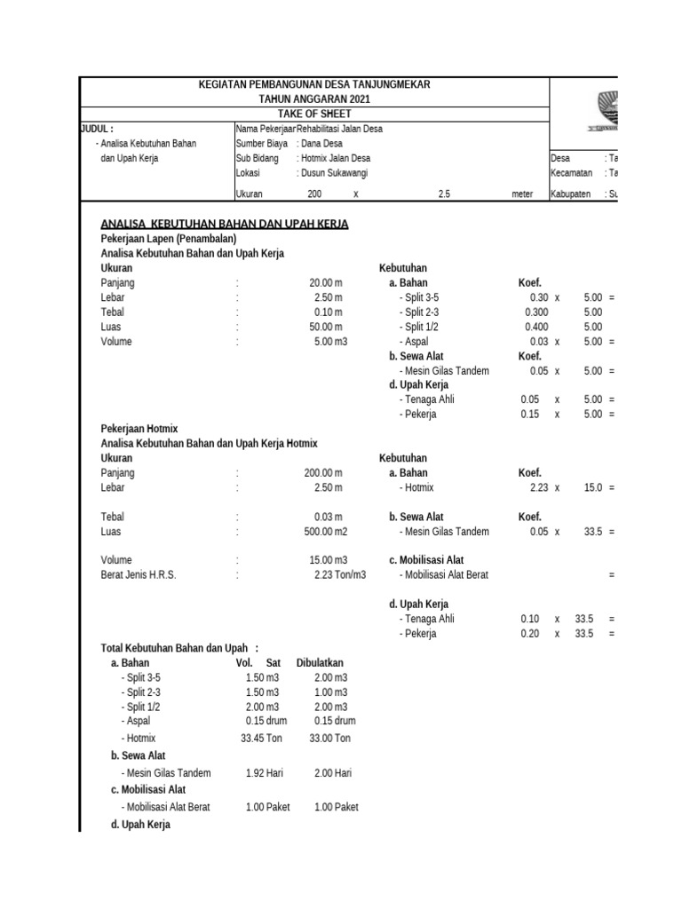 Take of Sheet Hotmix Sukawangi | PDF