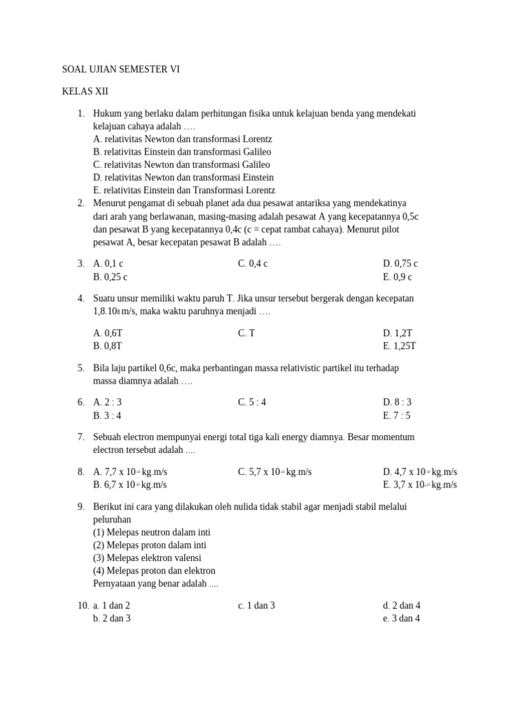 Soal Ujian Semester Vi Fisika Sma | PDF