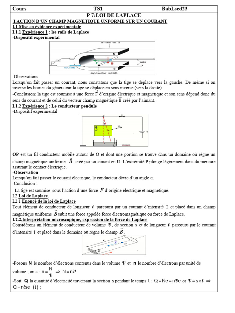 Cours TS P7 Loi de Laplace BabLsed23 | PDF