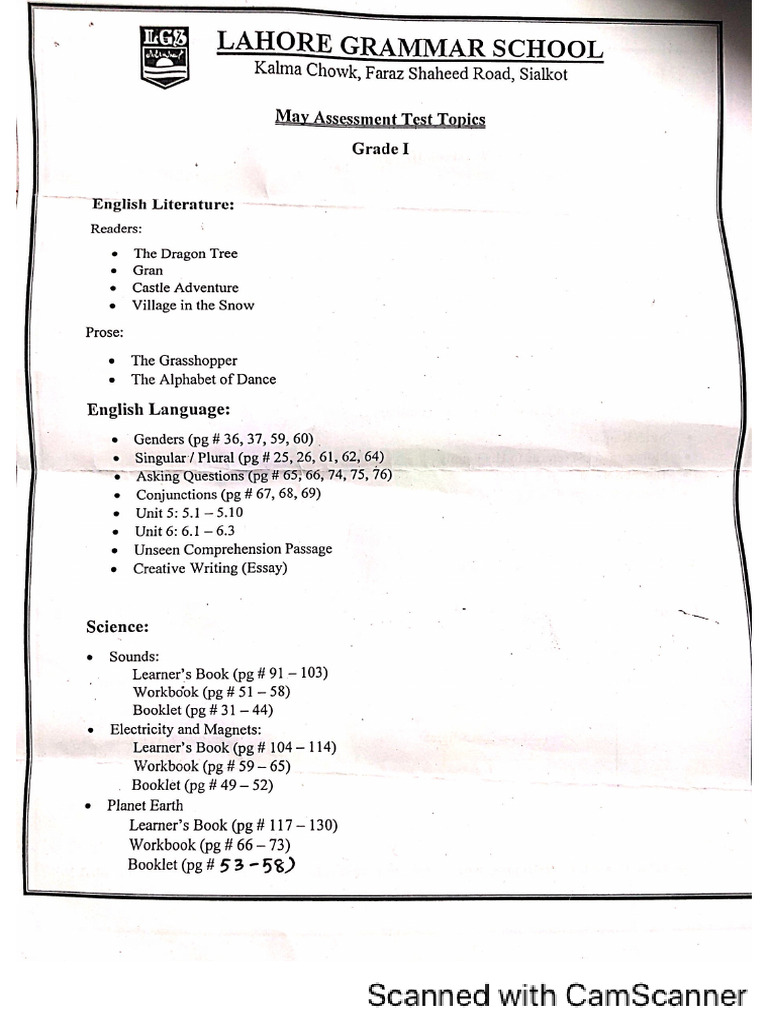 Grade 1 Test Topics and Datesheet | PDF