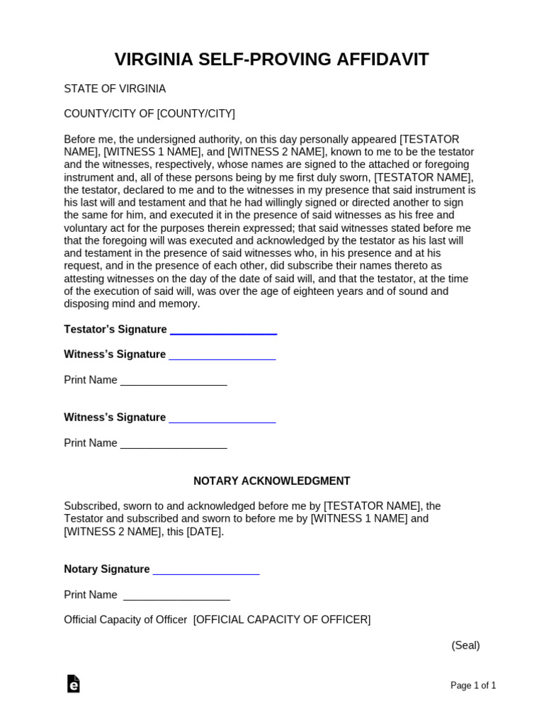 Virginia Self Proving Affidavit Form | PDF