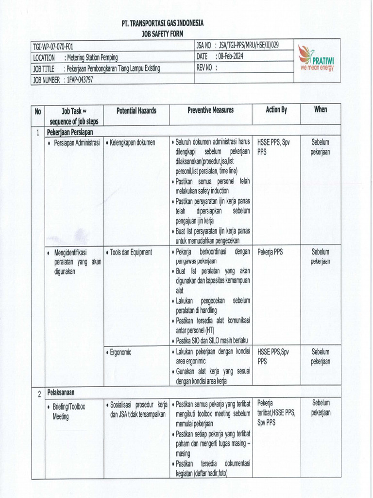 JSA EPCC MRU AT PEMPING STATION (Pembongkaran Tiang Listrik Existing) | PDF