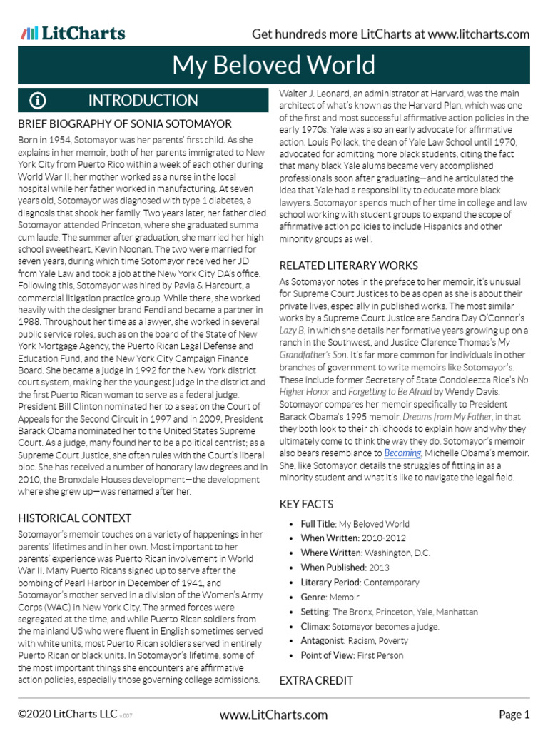 My Beloved World LitChart | PDF | Sonia Sotomayor
