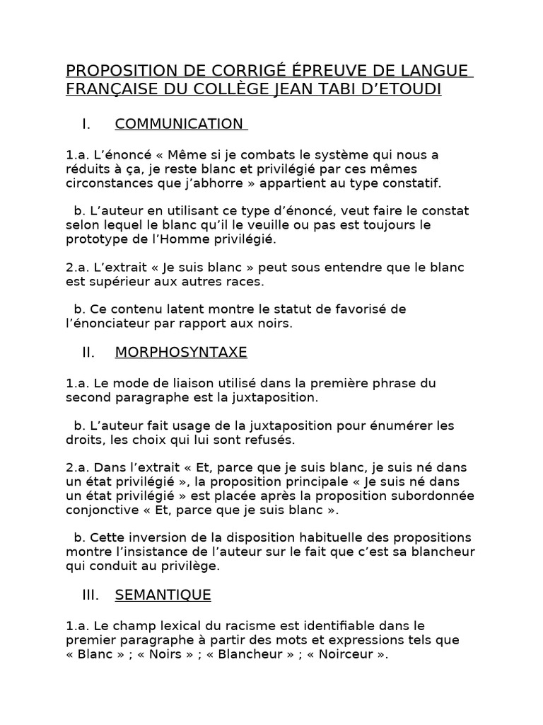 Proposition de Corrigé LF Jean Tabi | PDF