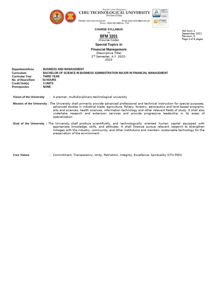 Syllabus - Special Topics in FM | PDF | Financial Statement | Art