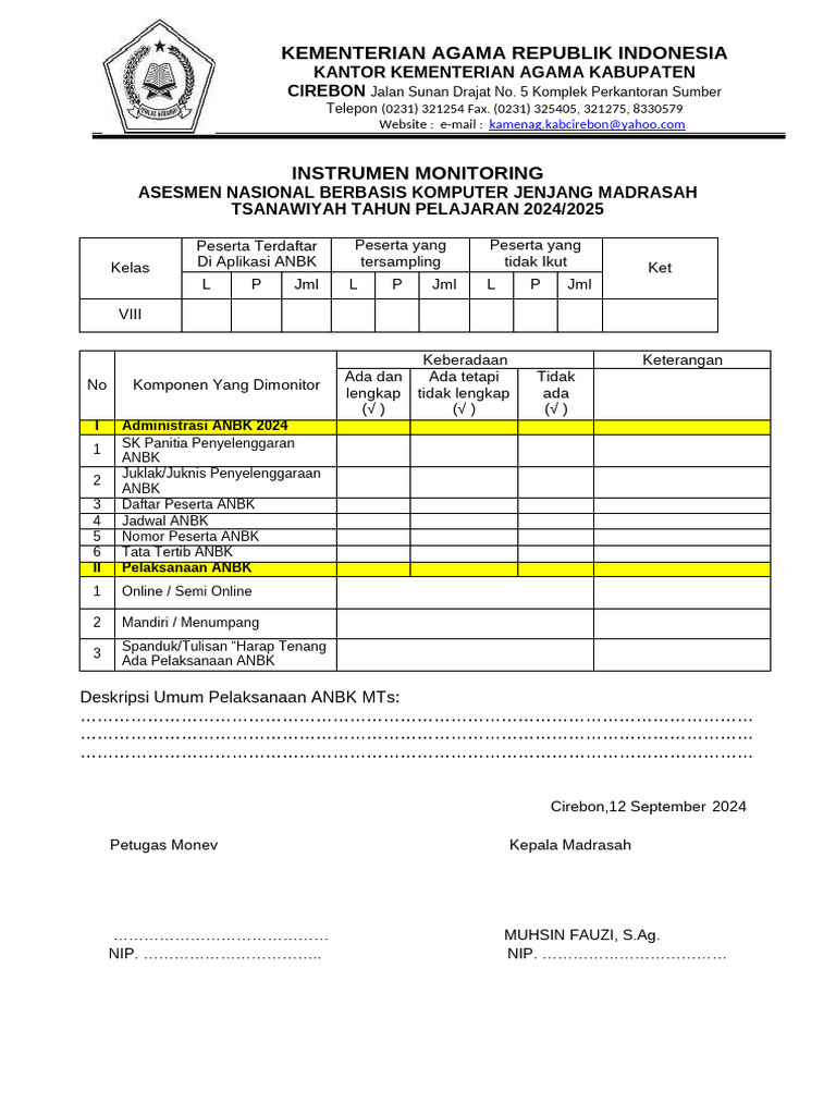 Instrumen Monitoring ANBK MTs 2024 | PDF