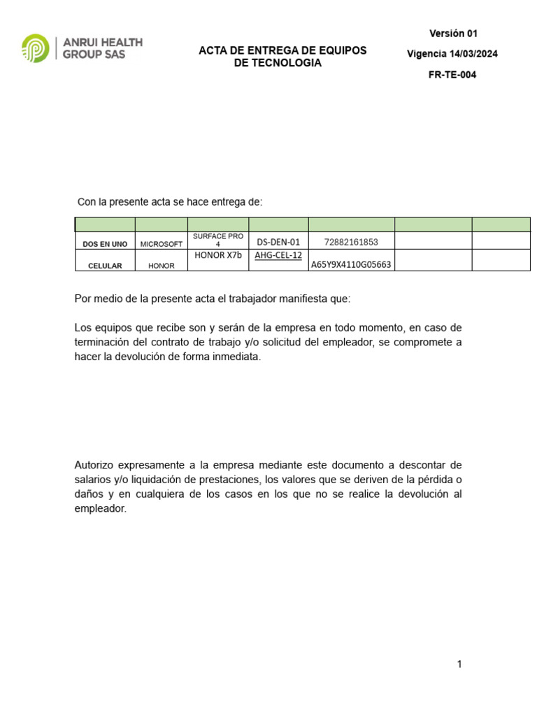Fr-Te-004 Acta de Entrega de Equipos de Tecnologia - 20 - Fredy Hernan Reyes Galeano | PDF