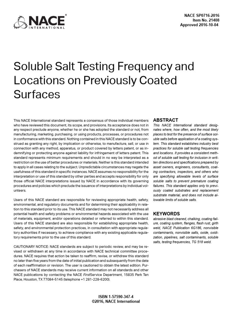 NACE SP0716 - 2016 (Soluble Salt Testing Frequency and Locations On ...