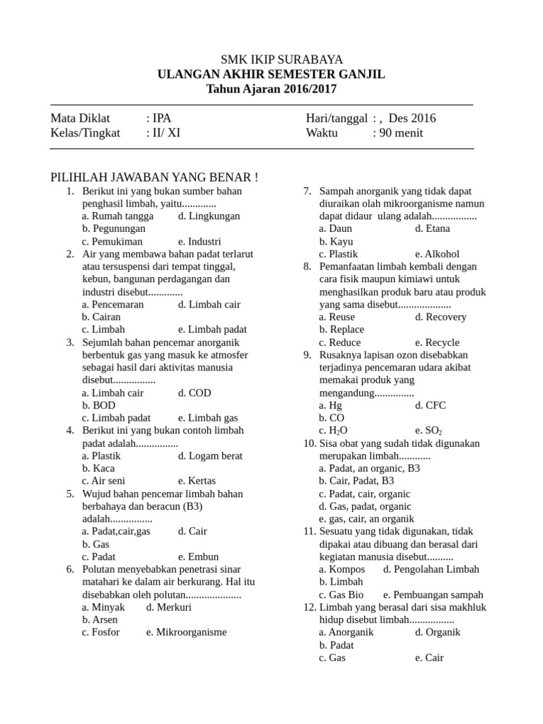 Soal Uas Ganjil Ipa Kelas Xi | PDF