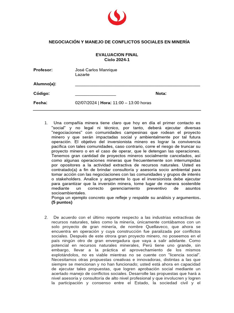 Examen Final Negociación y Manejo de Conflictos Sociales en Minería 2024-1 | PDF