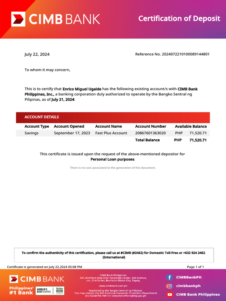 Bank Cert Cimb | PDF