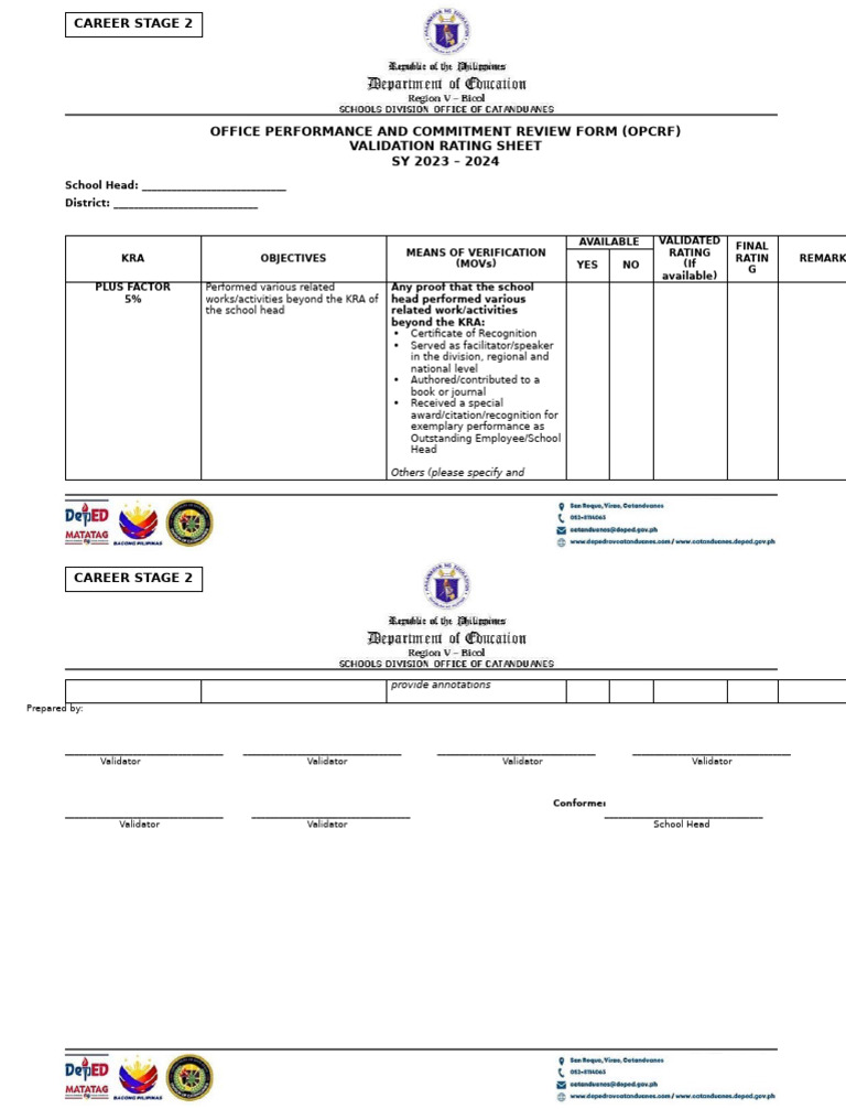 PLUS FACTOR CS2 - RATING SHEET FOR THE VALIDATION OF SHs OPCRF SY 2023 2024 | PDF