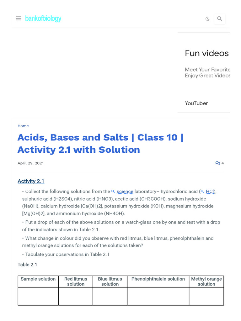 Acids, Bases and Salts - Class 10 - Activity 2.1 With Solution | PDF