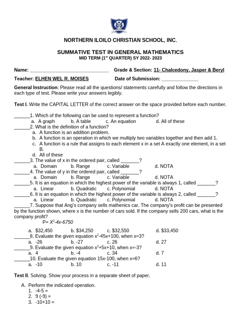 Midterm Exam Gen. Math | PDF