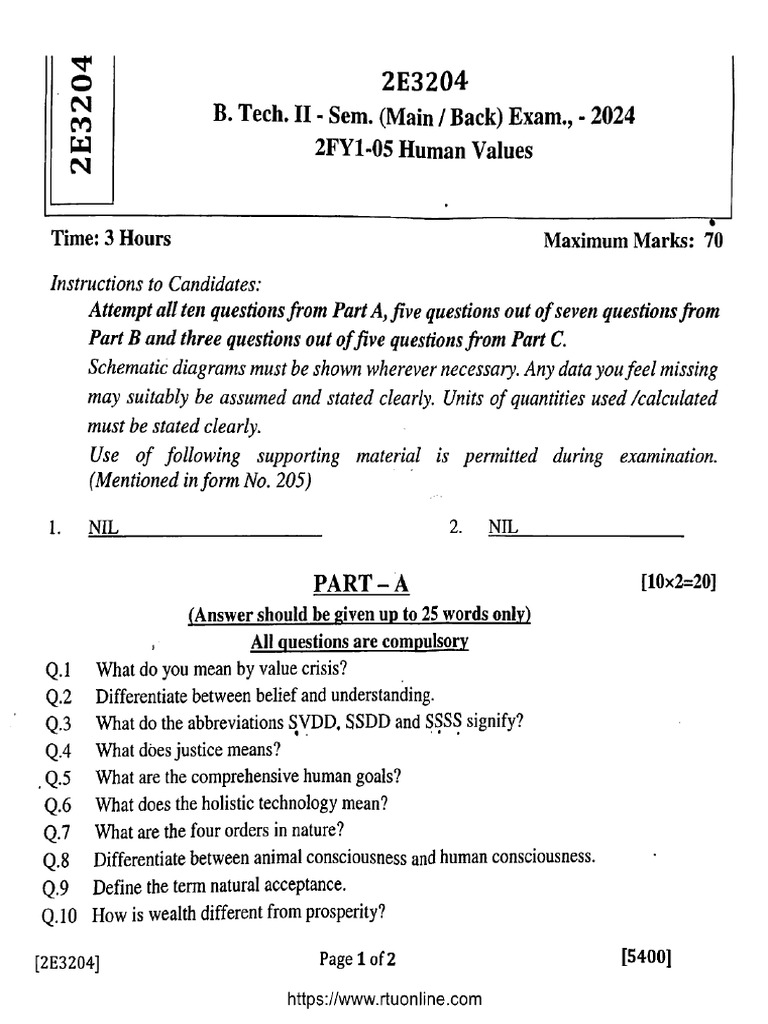 Btech 2 Sem Human Values 2e3204 2024 | PDF