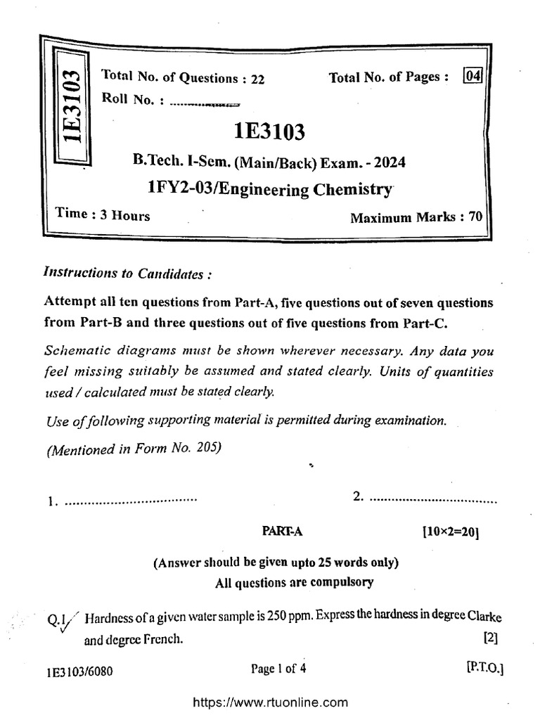Btech 1 Sem Engineering Chemistry 1e3103 2024 | PDF
