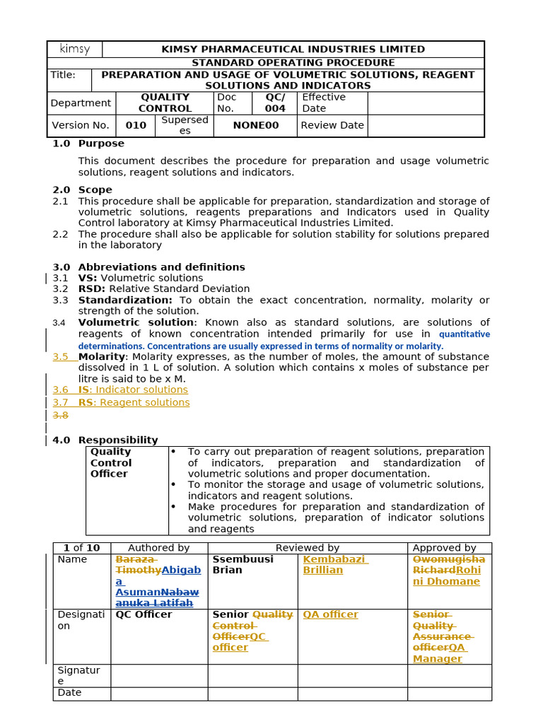 Sop For Preparation of Reagent Solutions, Indicator Solutions ...