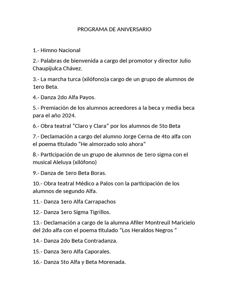 PROGRAMA DE ANIVERSARIO dia central 2023 | PDF
