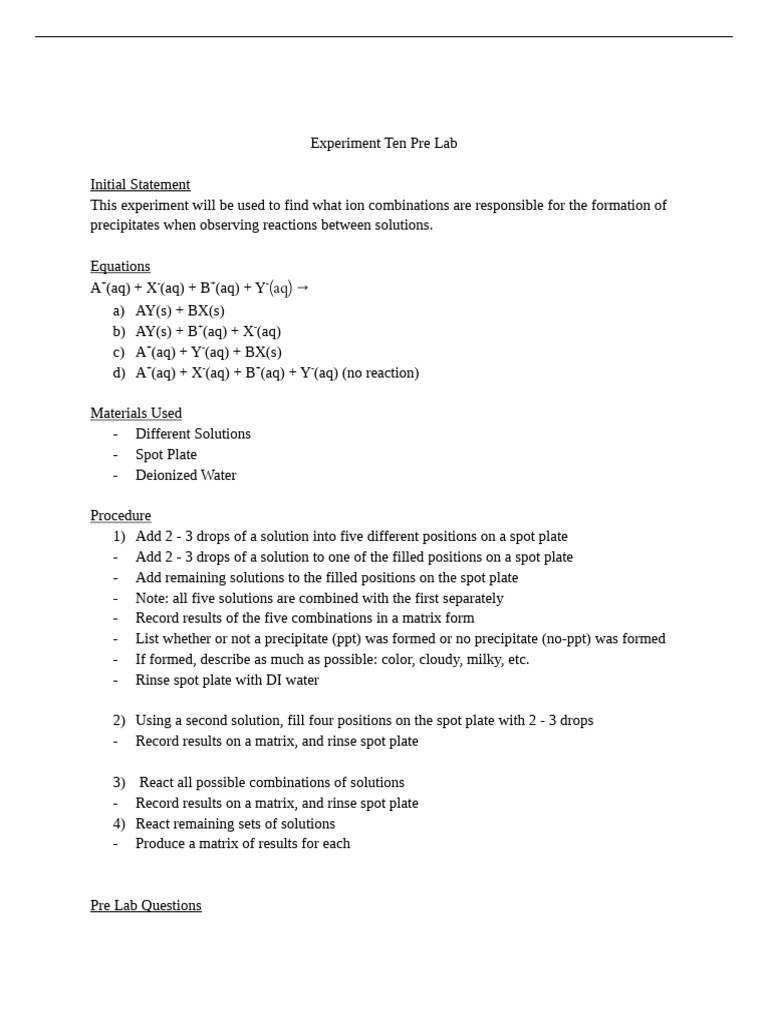 Chem 110 Experiment - 10 - Pre - Lab | PDF