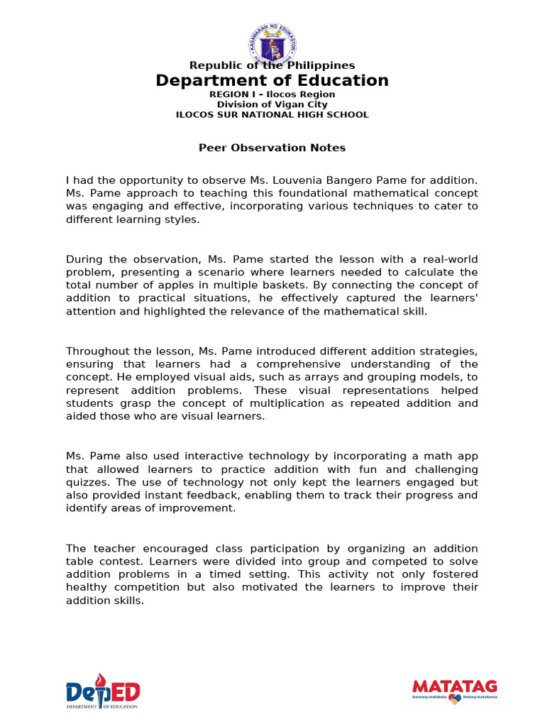 Peer Observation Notes | PDF