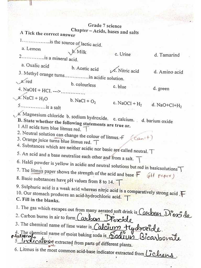 Answers of Acid, Base, Salt - Worksheet | PDF