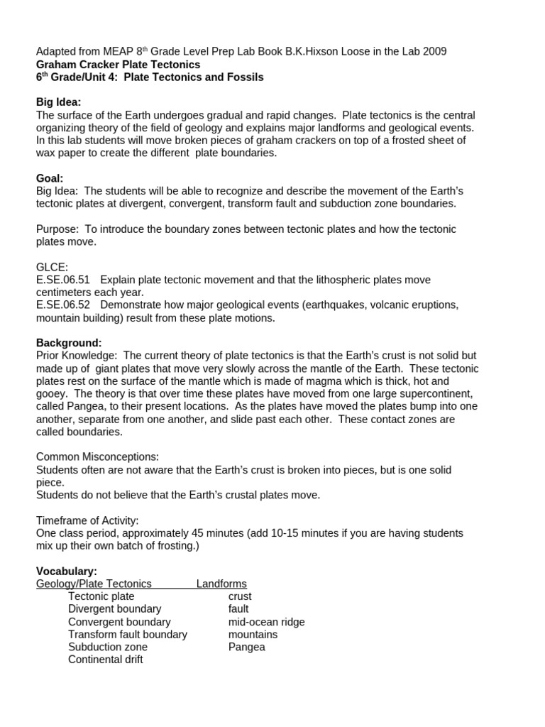 6th Grade Unit 4 Graham Cracker Plate Tectonics | PDF