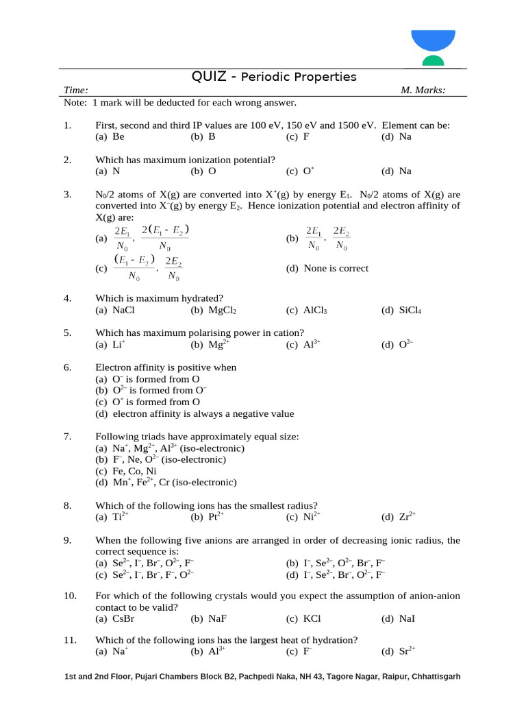 Quiz - Periodic Properties 2 | PDF | Ion | Ionic Bonding