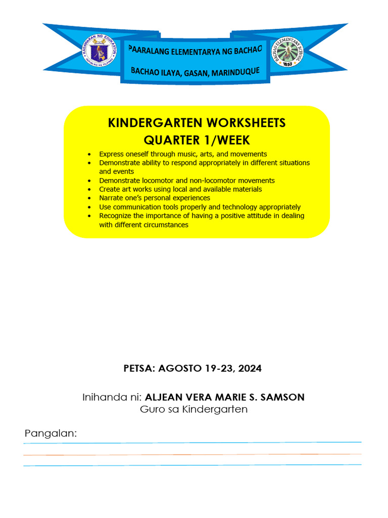 Q1 Week 4 - Day 1-5 Kinder Activity Sheets 2024-2025 | PDF