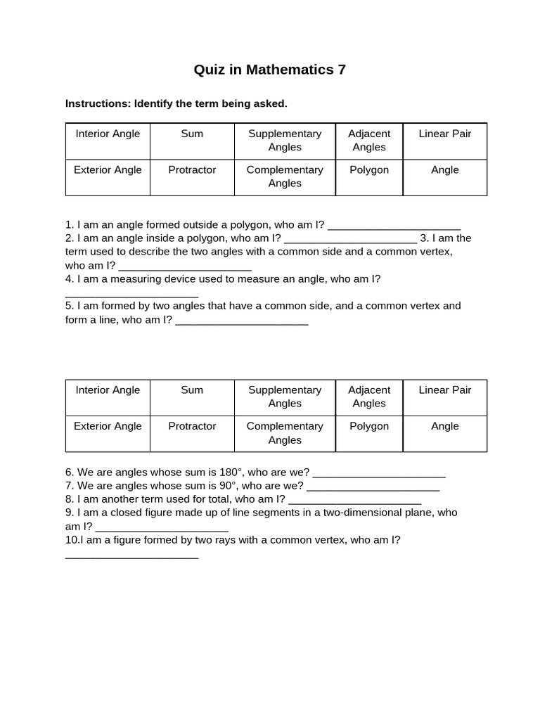 Quiz in Mathematics 7 | PDF