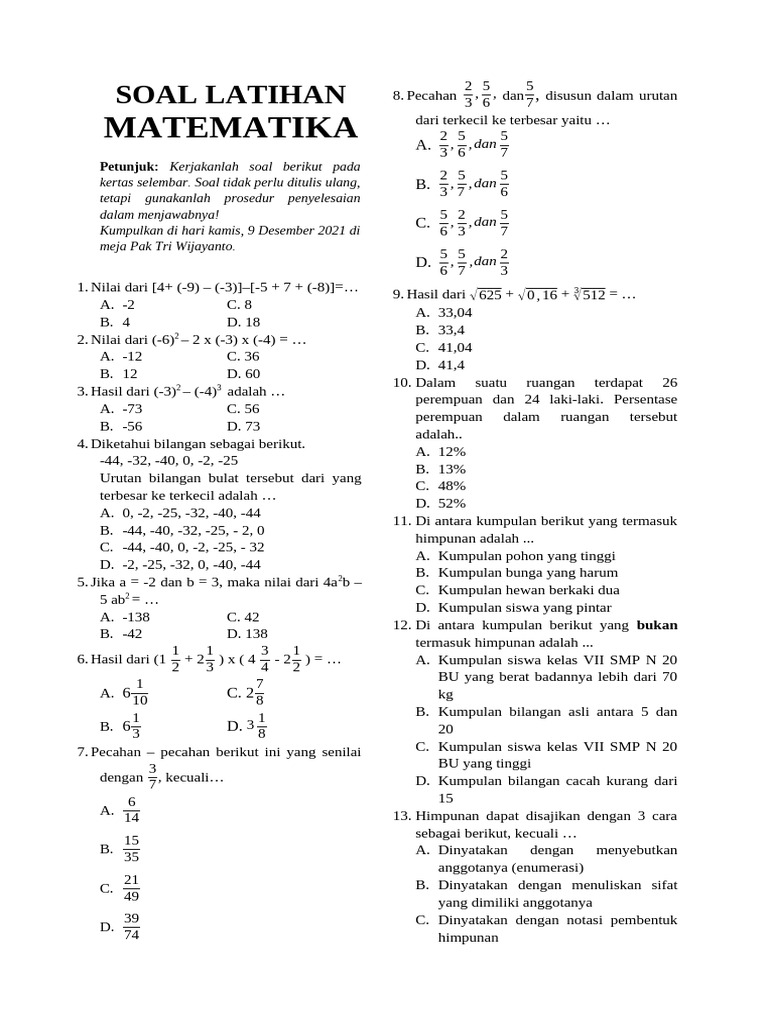SOAL PAS SMT 1 KELAS VII - LATIHAN | PDF