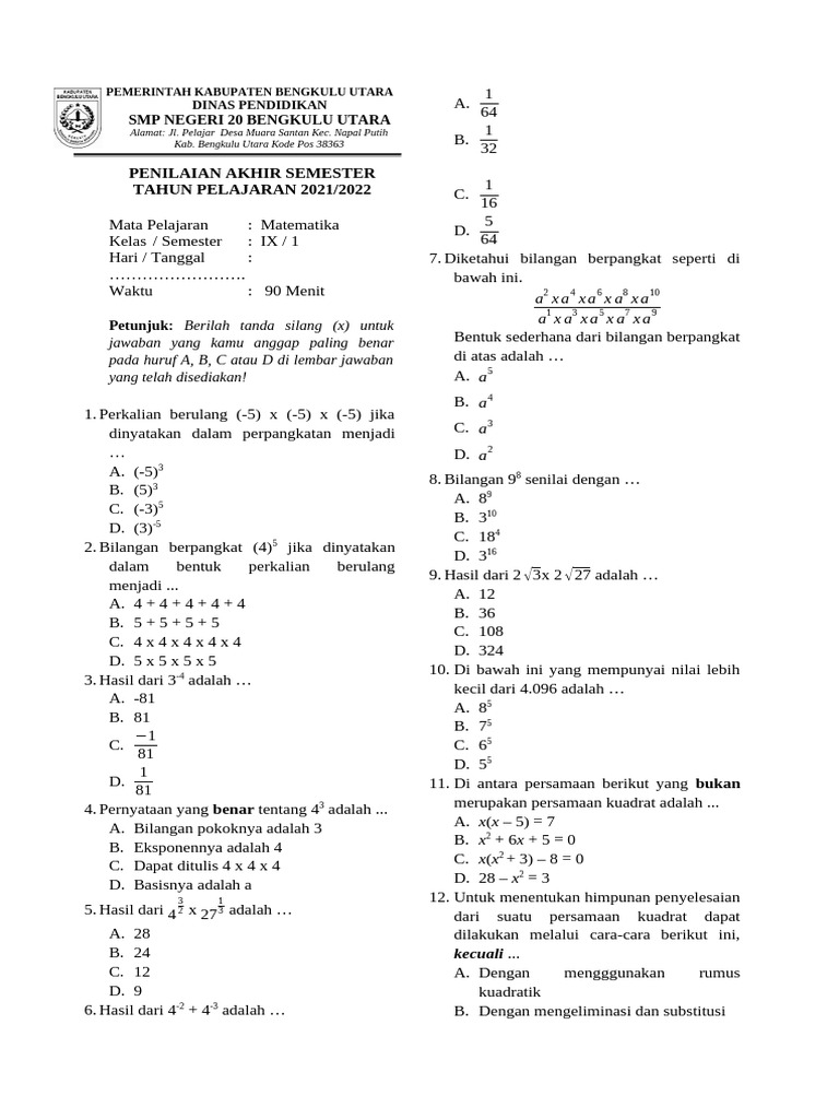 Soal Pas SMT 1 Kelas Ix | PDF