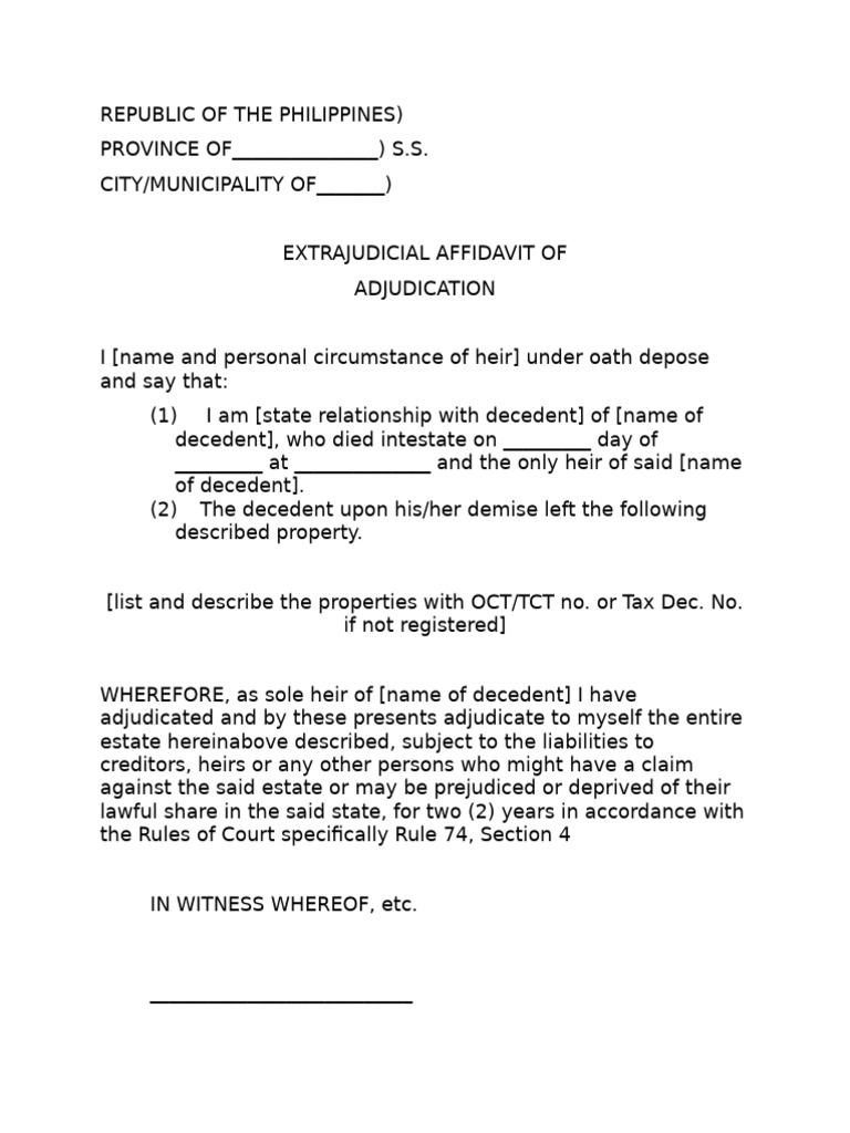 Extrajudicial Settlement of Estate by Sole Heir Through Affidavit of ...