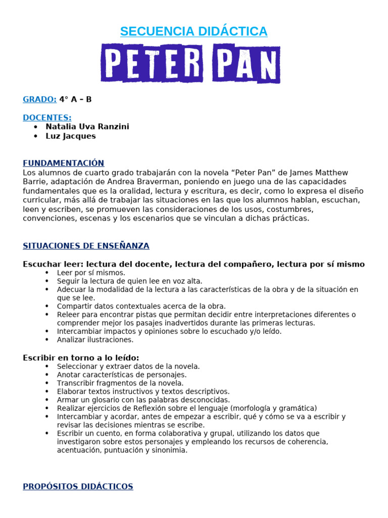 Secuencia Didáctica Peter Pan - 4° A - B | PDF