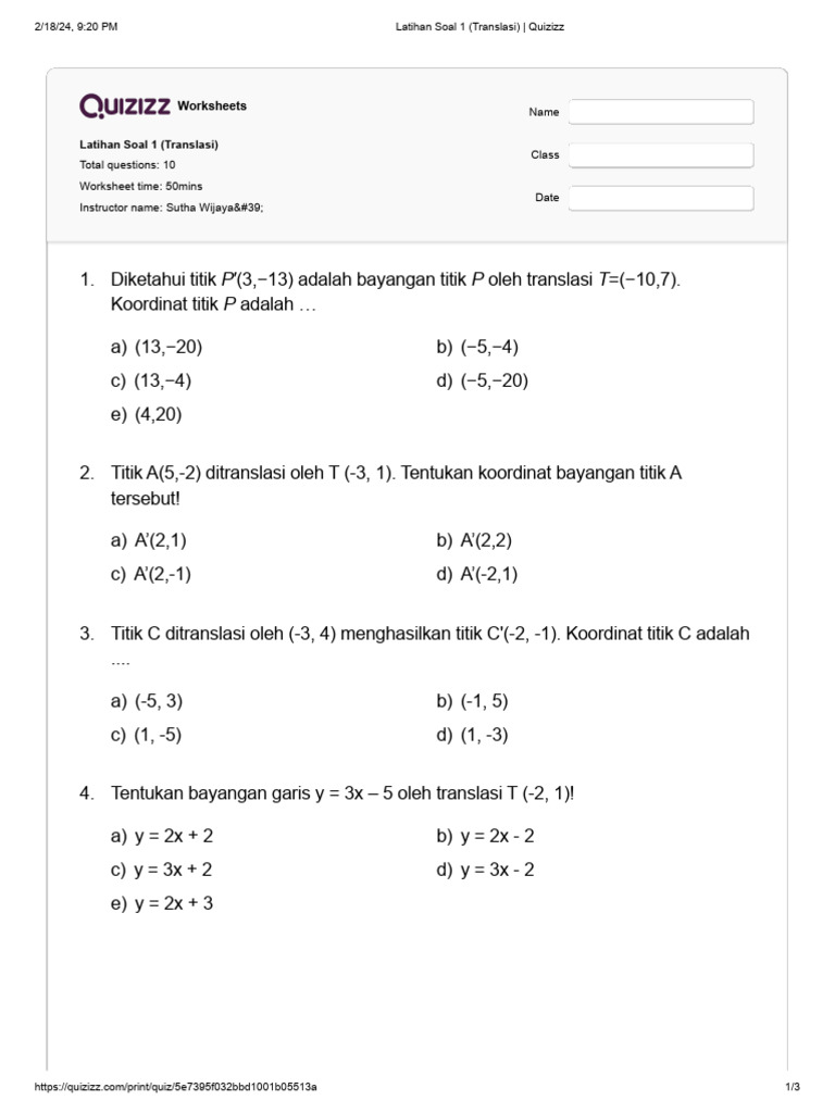 Latihan Soal 1 (Translasi) - Quizizz | PDF