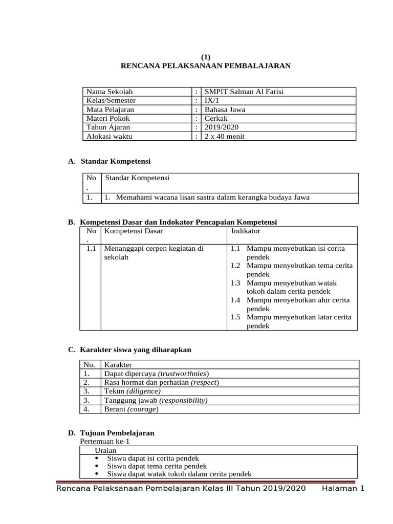 RPP 1 Cerkak Kelas 9 Semester 1 | PDF