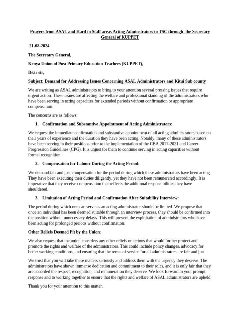 Demand Note To The Secretary General of KUPPET | PDF