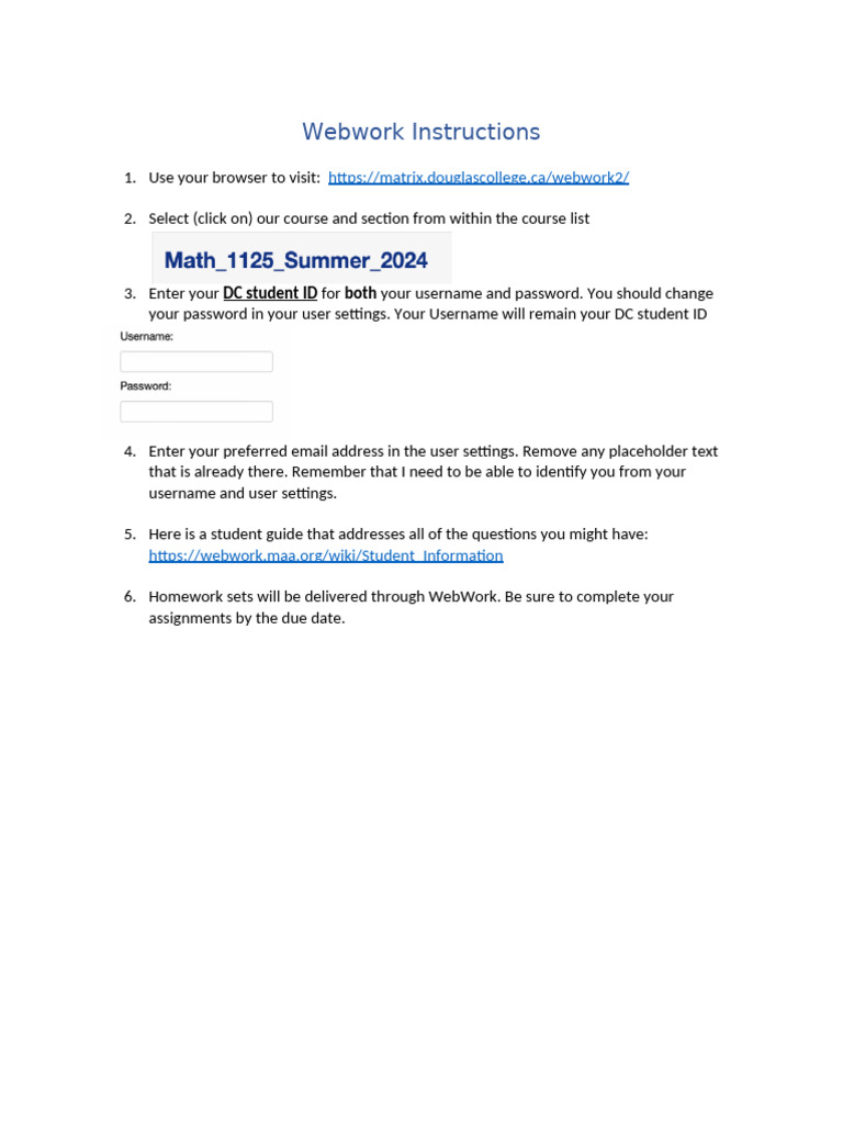 WebWork Instructions 1125 Summer 2024 | PDF