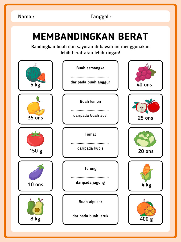 Oranye Ilustrasi Membandingkan Berat Lembar Kerja Sekolah | PDF