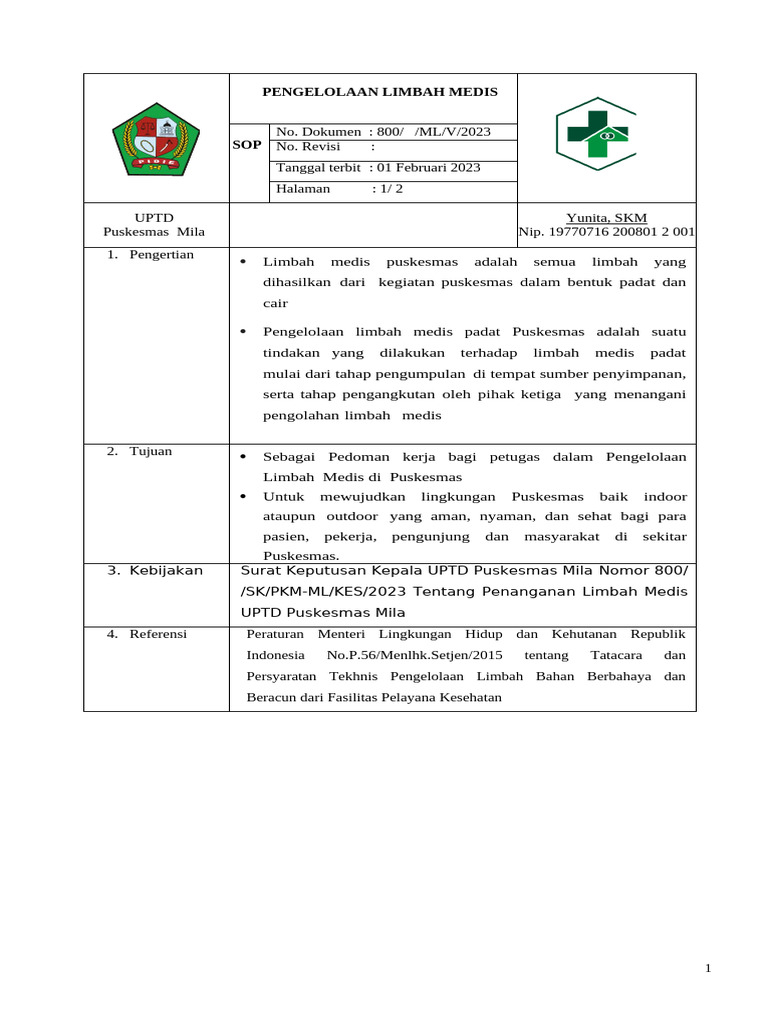 Sop Pengelolaan Limbah Medis | PDF