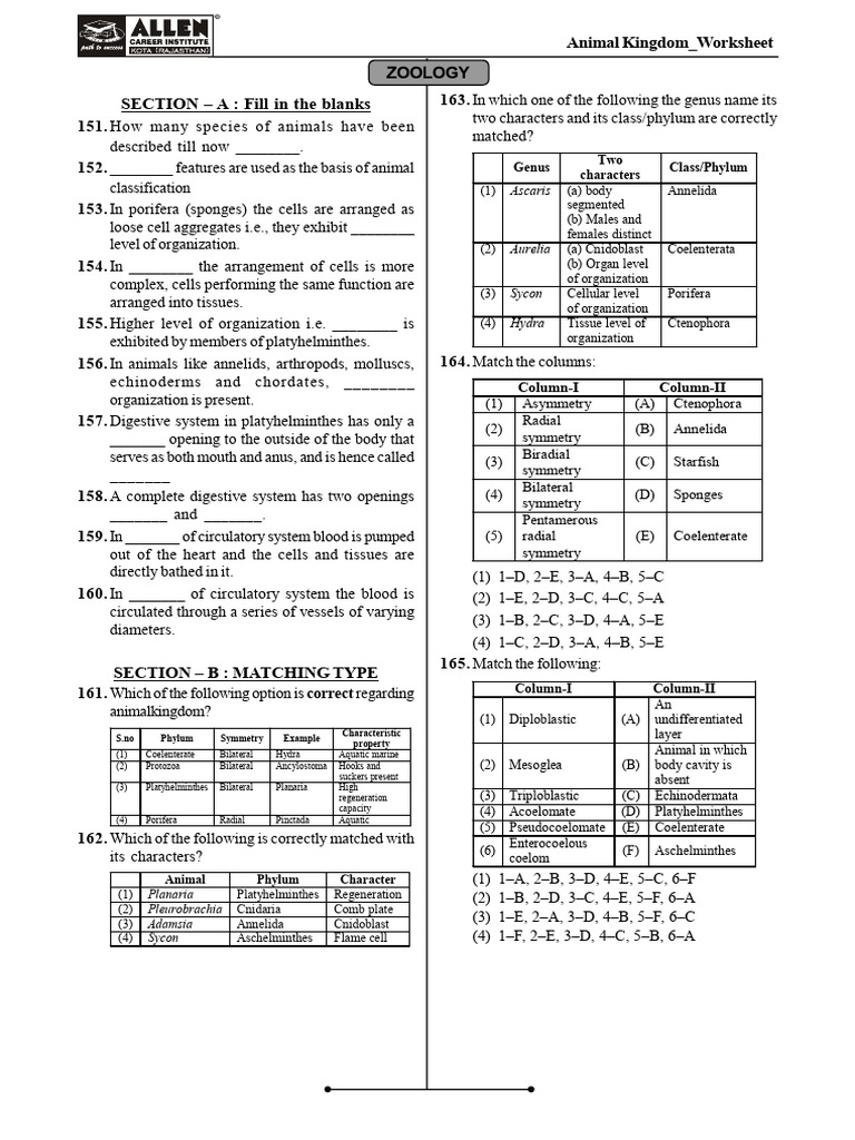 SC - Zoology - Animal Kingdom - Worksheet (F) | PDF