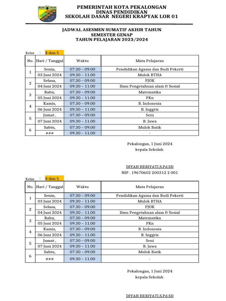Jadwal ASAT T.A 2023-2024 | PDF